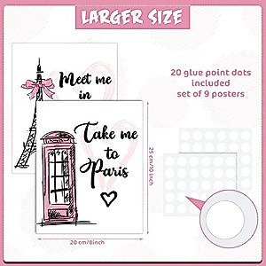 Pajean 9 Pieces Paris Wall Art Prints, Pink Eiffel Tower Bedroom Decor Romantic Paris Theme Room Decor Unframed Art Poster Decor for Girls Living Room Bathroom Kitchen Office Decor, 8 x 10 Inch