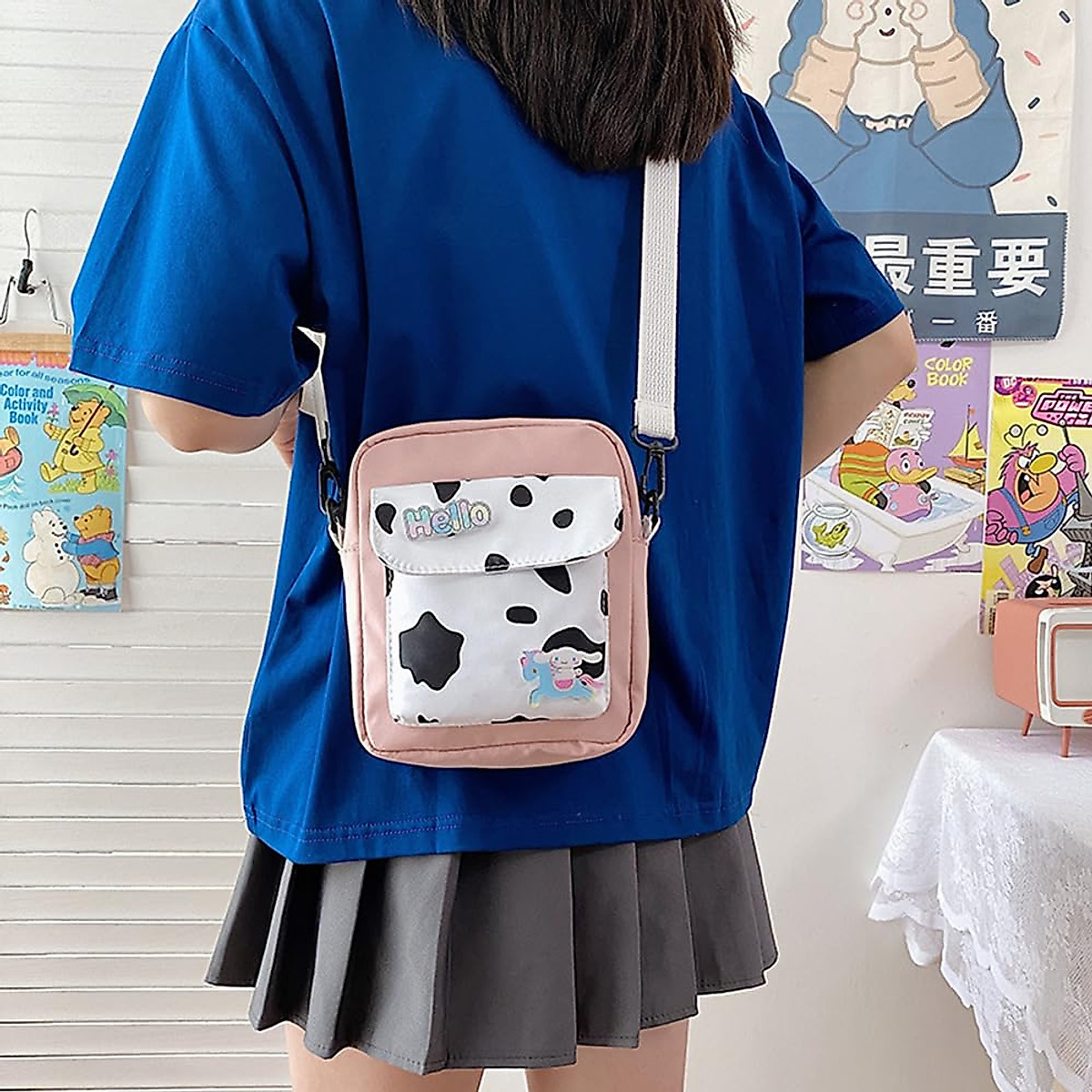 Cow Print Backpack for School, 6Pcs Set Student Preppy Kawaii Mini Backpack Shoulder Bag Pencil Box with Pin and Accessories (White)