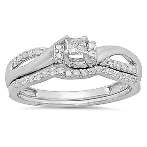 Dazzlingrock Collection 0.40 Carat (Cttw) 10k Princess and Round Diamond Women Swirl Wave Engagement Ring Set, White Gold, Size 6