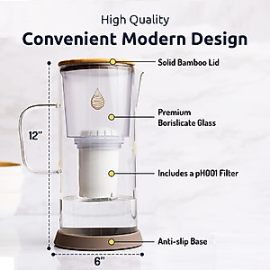 Invigorated Water pH Restore Glass Alkaline Water Pitcher - Plus PH001 3 Pack Replacement Filters + 1Pk PH002 UF Membrane Filter Bundle