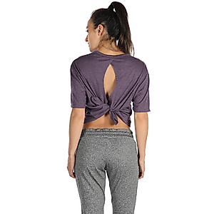 icyzone Open Back Workout Top Shirts - Yoga t-Shirts Activewear Exercise Crop Tops for Women (M, Plum Purple)