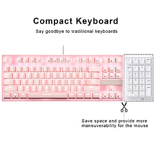 Anivia Mechanical Gaming Keyboard, MK1 Wired LED Backlit Keyboard with 87 Keys Compact Computer Keyboard for Mac PC Laptop, Cute Pink Keyboard - Blue Switches
