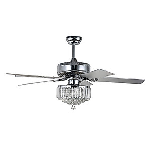 52" Crystal Ceiling Fan Chandelier, Remote Control, Reversible Motor & 5 Wood Reversible Blades, Chrome Finish