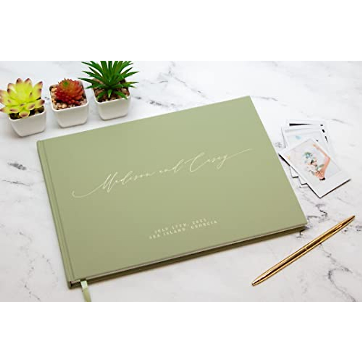 MUUJEE Personalized Guestbook in Sage - Premium Custom Modern Guest Book for Wedding Reception, Birthday Party or Events w/Bookmark Blank Pages for Signing 11.5 x 8.5 inches