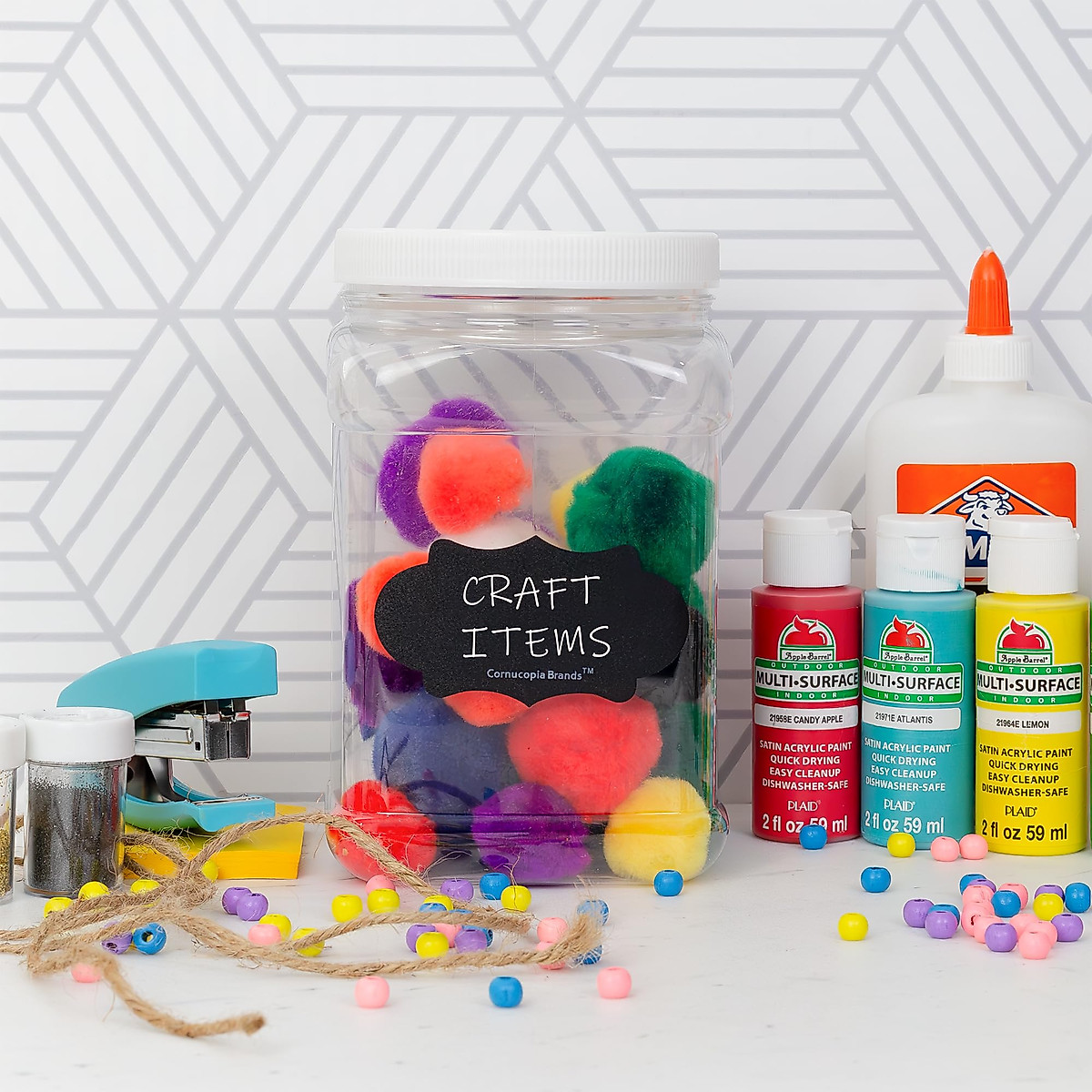 Cornucopia Brands 3-Pack Square 64 Oz 1/2 Gallon Plastic Canisters; 8-Cup Capacity Clear Jars w/ White Plastic Lids & Chalk Labels, BPA-Free Lightweight PET #1 Plastic