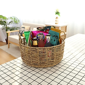HODAKJUE Round Storage Basket Made by Seagrass with Handles (13.58"Dx6.1"H)