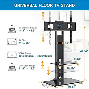 PERLESMITH Swivel Floor TV Stand/Base with Shelves for Most 32-75 inch LCD LED TVs - Universal TV Mount Stand Perfect for Corner & Bedroom, Height Adjustable & Cable Management, VESA 600x400mm