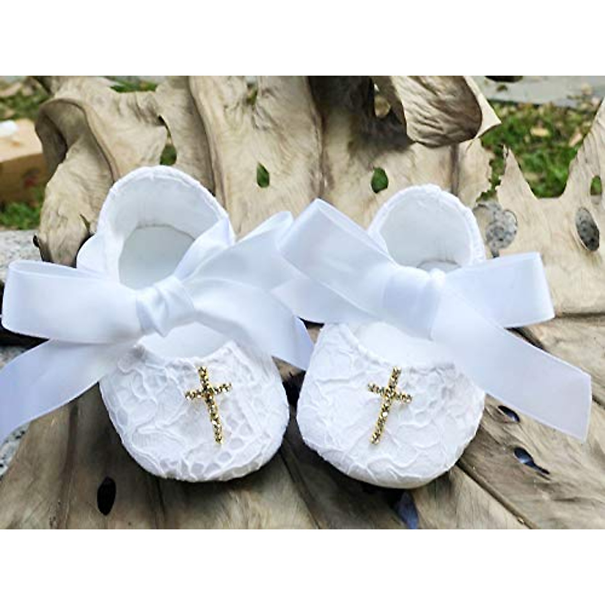 Bow Dream Baby Girl Baptism Christening Shoes and Headband Set White Reinstones 0-3 Months