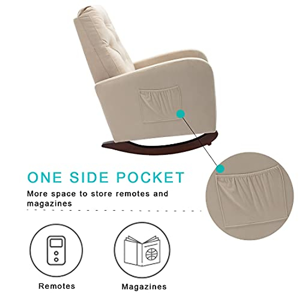 Rocking Accent Chair, Tufted Upholstered Luxury Velvet Lounge Chair, Glider Rocker Armchair with Side Pocket for Nursery, Living Room, Bedroom, Solid Wood Frame for 300 lbs Support (Sandy Beige)