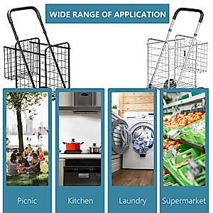 IRONMAX Grocery Shopping Cart, Foldable Heavy Duty Utility Cart w/Adjustable Handle, Extra Basket & 360° Rolling Swivel Wheels, Lightweight Trolley Cart for Grocery Laundry Luggage (Black)