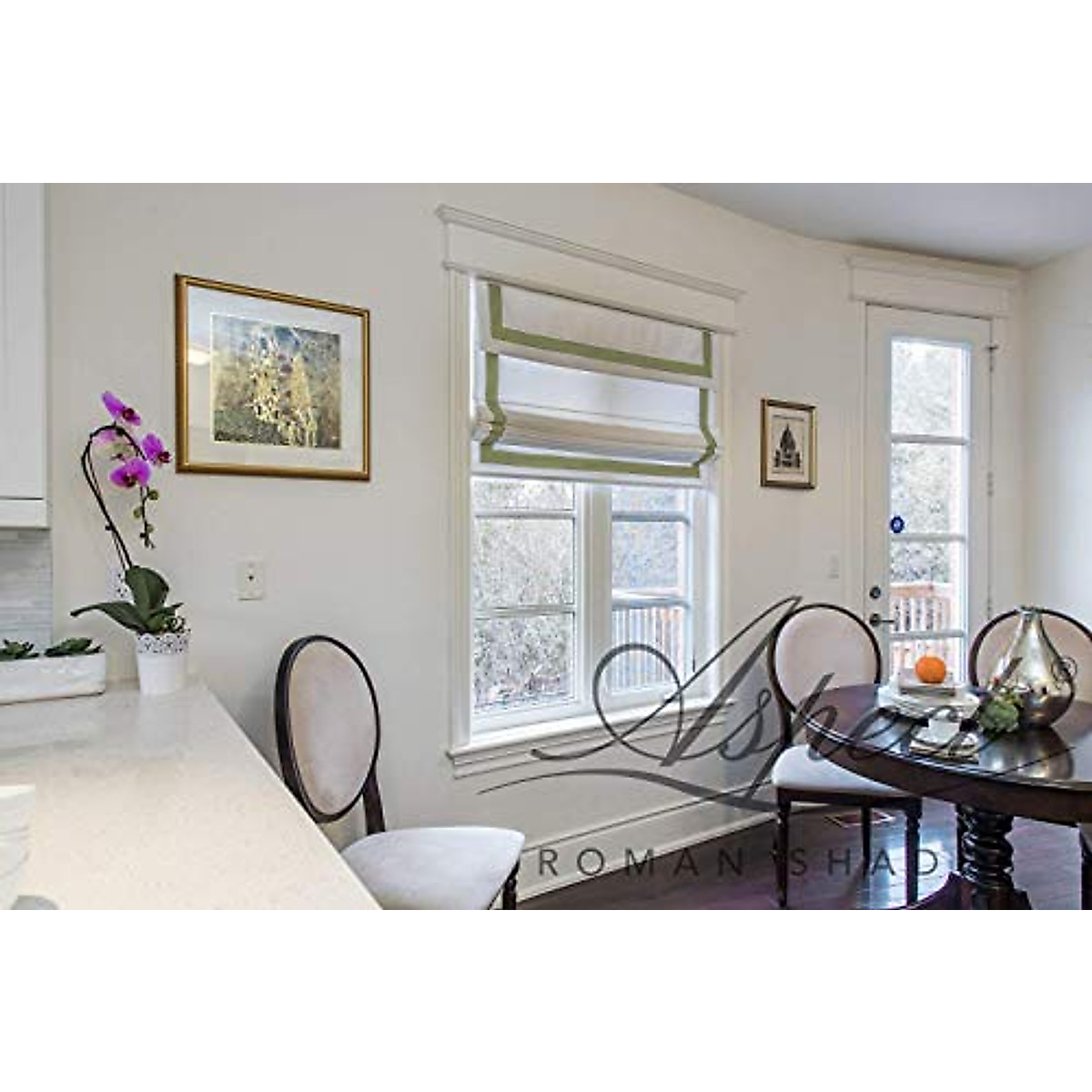 LOGANOVA Flat Roman Shade Chevalle Pine. Three sides light green border on white background. Includes valance and chain mechanism. Custom made.