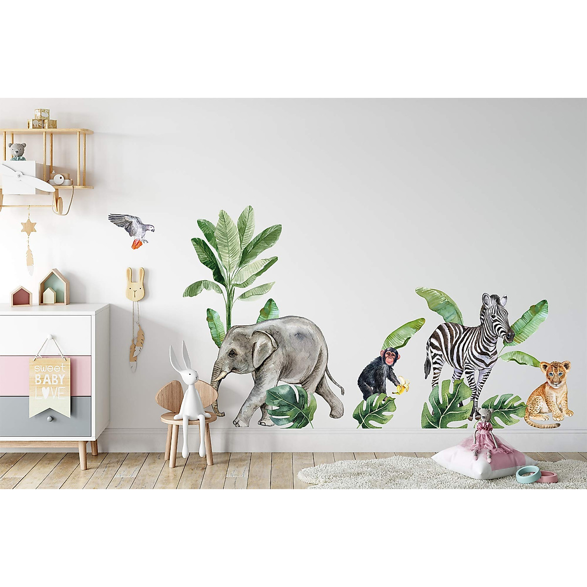 Murwall Kids Wall Decal Peel and Stick Safari Animal Wall Decals Cute African Animals Set Wall Sticker Zebra Giraffe Elephant Lion Leaves Sticker Kids Room Childroom