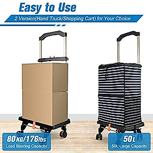 Folding Hand Truck Portable Dolly Utility Cart Rolling Crate with 4 Rotate Wheels 80KG/176Lbs Heavy Duty Handcart Removable Bag Telescoping Handle for Moving Shopping Grocery Office Use(Black&White)