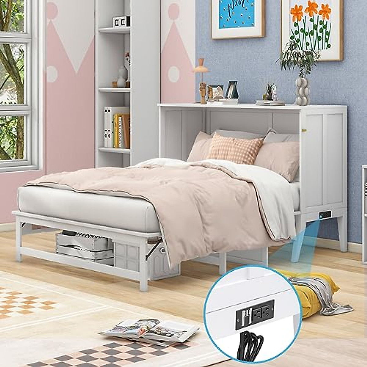 DNChuan Queen Size Murphy Bed with Desk,Built-in Charging Station and Shelf,Foldable Cube Cabinet,White