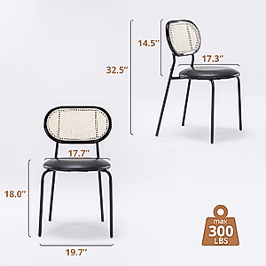 Centiar Velvet Faux Leather Dining Chair Set of 4,Rattan and Wood Backrest with Metal Legs,Modern Mid-Century Industrial Upholstered Round seat Chairs Suitable for Home,Bistro Coffee Shops,18",Black