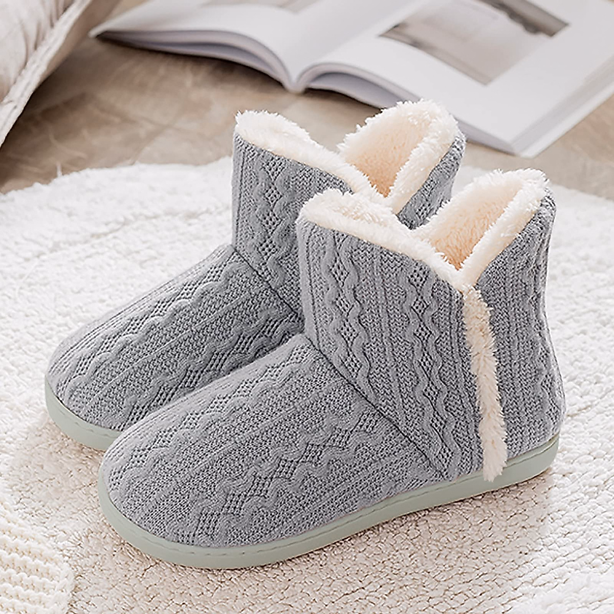 OhMill Flat Heel Slipper Boots Women Slippers Comfort Knit Boots Winter Warm Outdoor Indoor Full Wrap High-Top Shoes (7-8, Grey)