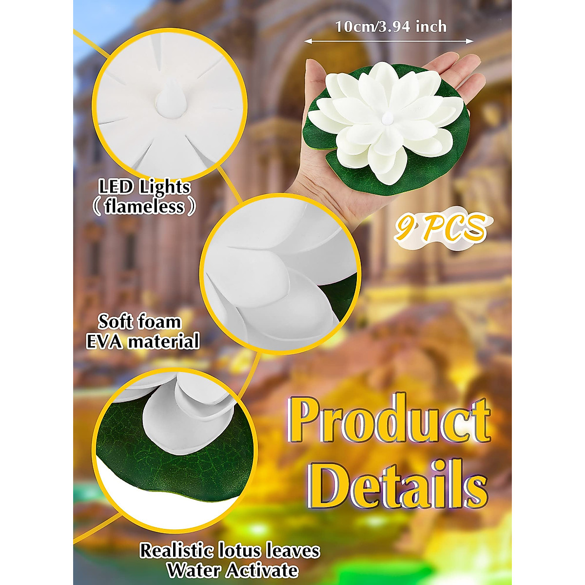 Hortsun 9 Pack Floating Pool Lights Lotus Flower Lantern Artificial Foam LED Lifelike Pool Lights Battery Operated Pool Lantern Pond Decoration(White, Yellow Light, 3.94 Inch)