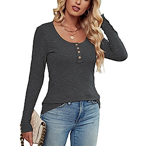Hount Womens Fall Tops Long Sleeve 2023 Slim Fit Button Down Ribbed Knit Henley T Shirts Blouse Dark Grey M