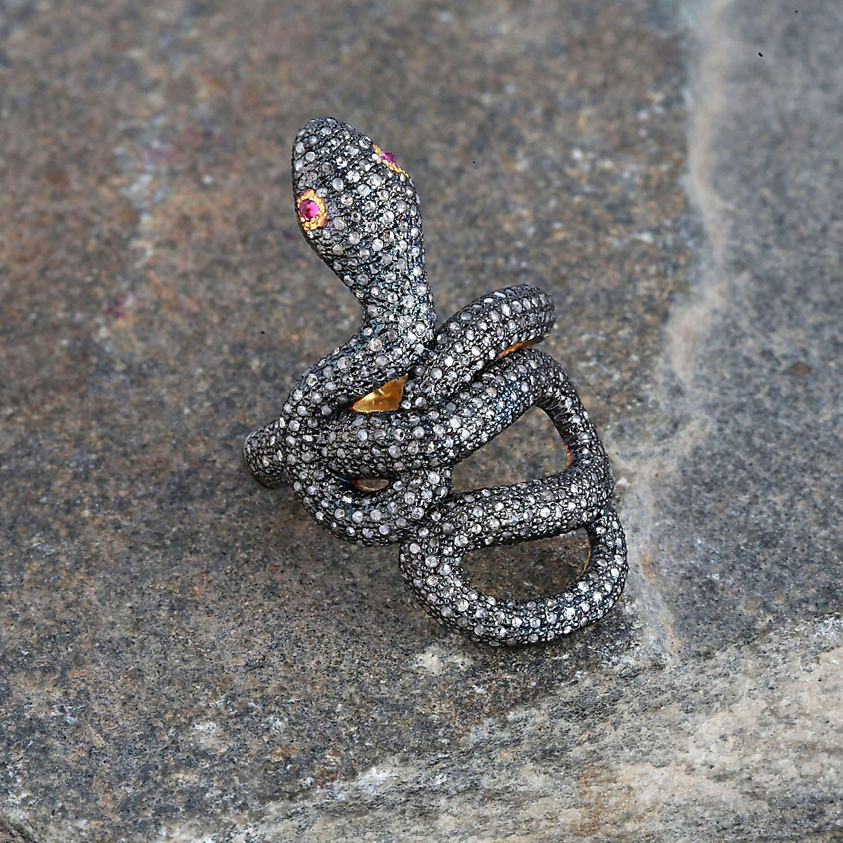 Diamond Ruby Snake Ring in 925 Sterling Silver | Black Brown Snake Ring 1.25 Carat Brown Natural Diamond (I2-I3 Clarity) Deep Real Ruby For Women Gifts, Designer Ring