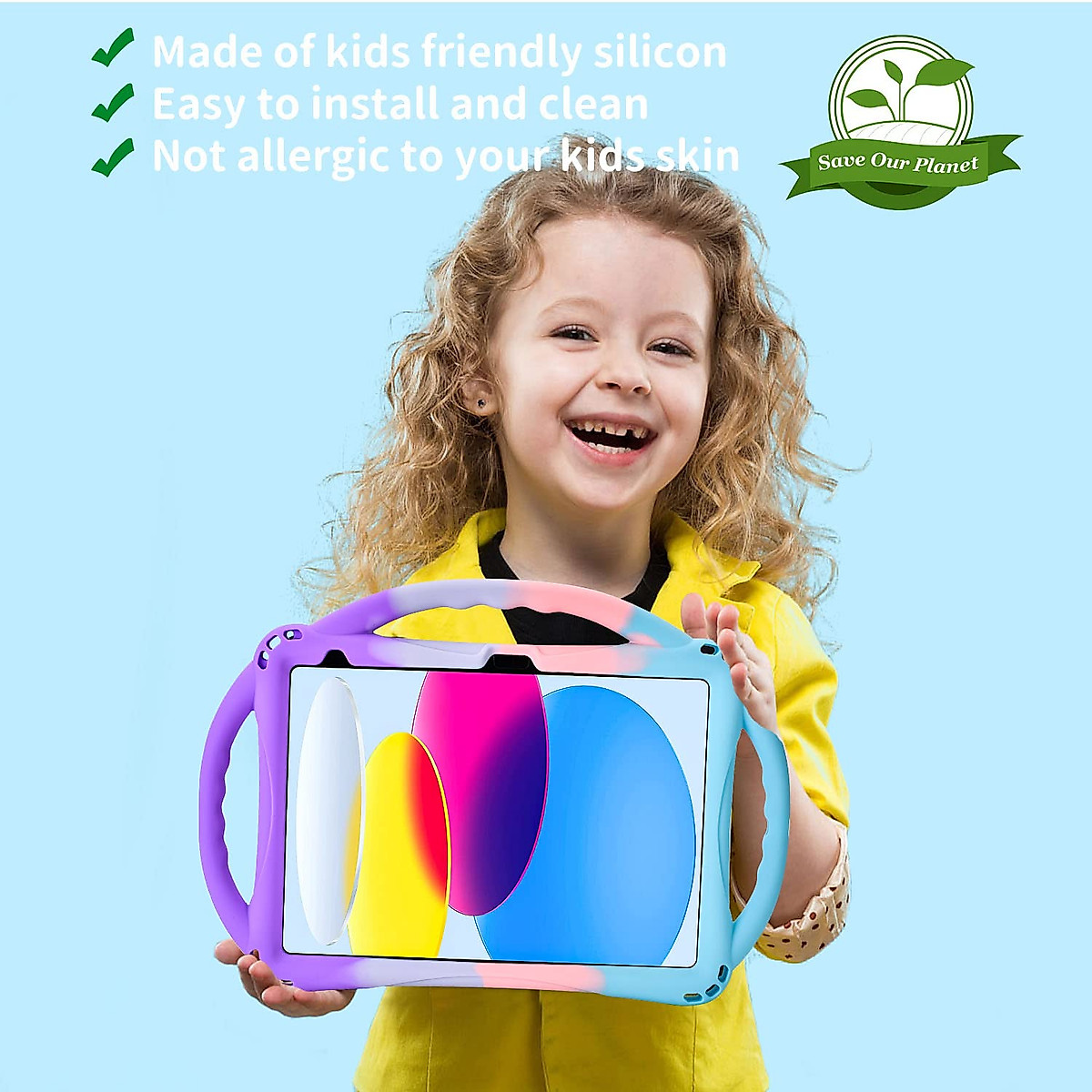 TopEsct Kids Case for iPad (A16) 11th Gen 11" 2025, iPad 10th Gen 10.9" 2022 with Tempered Glass Screen Protector, Silicone Shockproof Case Comes with Strap (Purple&Turquoise)