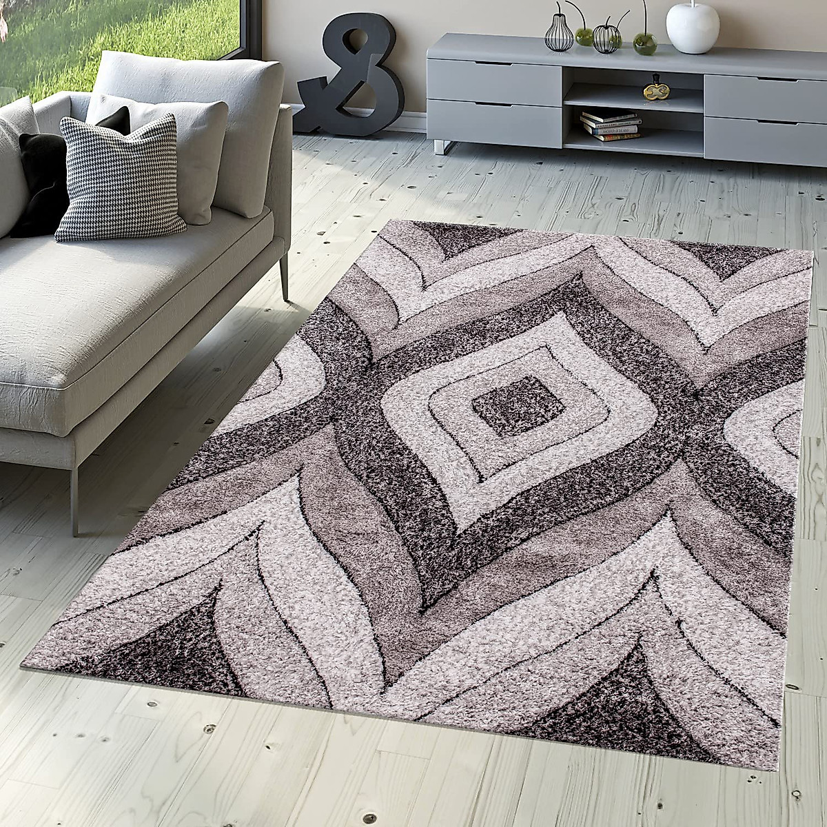 Makymo 7'6" x 10'3" ft Touch of Silver Shag Area Rug - Hand Carved Geometric Pattern Design - Soft, Plush Fluffy Carpet Great for Indoor Bedroom, Living Room