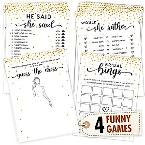 STOFINITY Fun Bridal Shower Games for 25 Guests - Set of 4 Wedding Shower Games for Reception, Gold Bridal Shower Bingo Game, He Said She Said Wedding Games Ideas for Bridal Party Decorations (5x7)