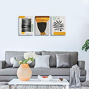 Framed Canvas Wall Art African Ethno Motive Wall Art Set, Abstract Ethno Art, African American Woman Portrait, Black Orange Print, Contemporary Collage, Minimalist (A-3pcs,12x16inchx3pcs)