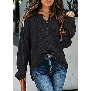 LILLUSORY Womens Black Tops V Neck Pullover Sweaters 2023 Fall Long Sleeve Waffle Knit Tunic Sweater Button Casual Henley Shirts