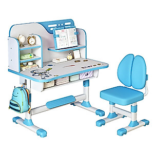 Kids Study Desk and Chair Set, Height Adjustable Kids School Desk, Wood Cartoon Learning Desks, Kids Desk with Storage, Children Study Table with Storage, Large Writing Board, Bookshelf (Blue)