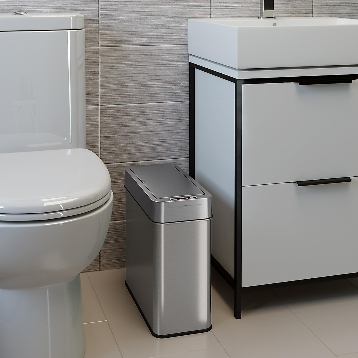 iTouchless 4 Gallon Bathroom Trash Can with Lid and Odor Filter, Lid Opens Right, 15 Liter Stainless Steel Slim Automatic Small Waste Basket Dustbin for Bedroom Home Office Living Room Garage