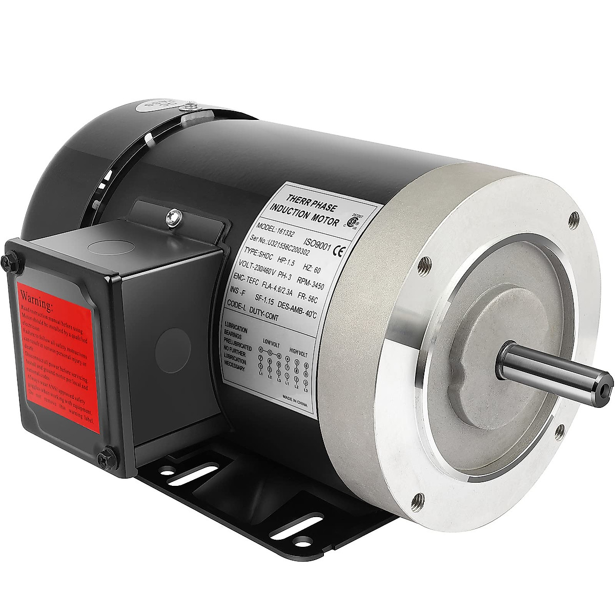 1.5HP Electric Motor 3450RPM General Purpose Three Phase Motor 56C TEFC 5/8" Shaft Diameter 2 Pole 60HZ 230/460V