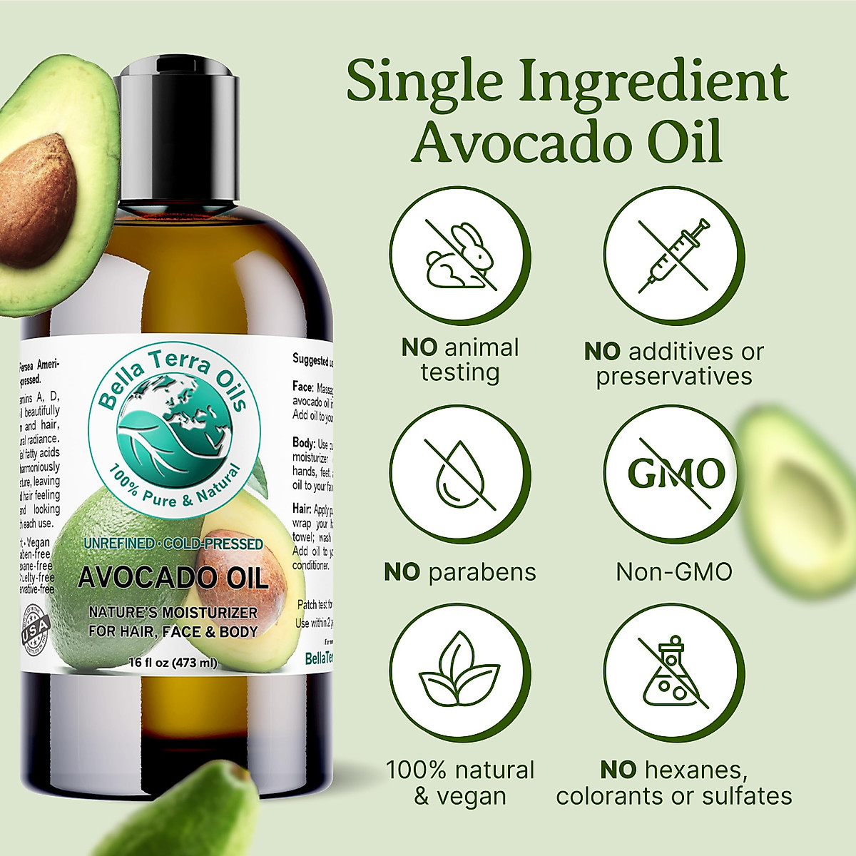 Bella Terra Oils - Avocado Oil 16 oz - Harness The Nutrient Power of Pure Avocado, High in Antioxidants & Omega-3, Luxurious Carrier Oil Experience