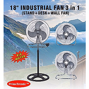 PrimeTrendz TM 18 Inch Industrial Grade 3 in 1 Stand + Desk + Wall Fan | High Velocity Standing Mount Oscillating Fan