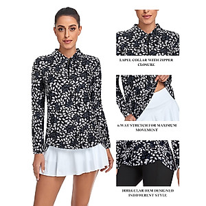 Tanst Sky Long Sleeve Collared Golf Shirts for Women Quick Dry Quarter Zip V Neck Pullover Lightweight Athletic Workout Tops UPF 50+ Gym Hiking Running Clothes Black Large