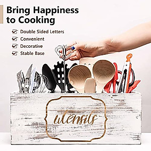 Yumkfoi Extra Large Utensil Holder with 4 Compartments, Wooden Farmhouse Utensil Organizer for Kitchen Counter, Rustic Cooking Utensil Holder Countertop Utensil Crock Spatula Holder (Distressed White)
