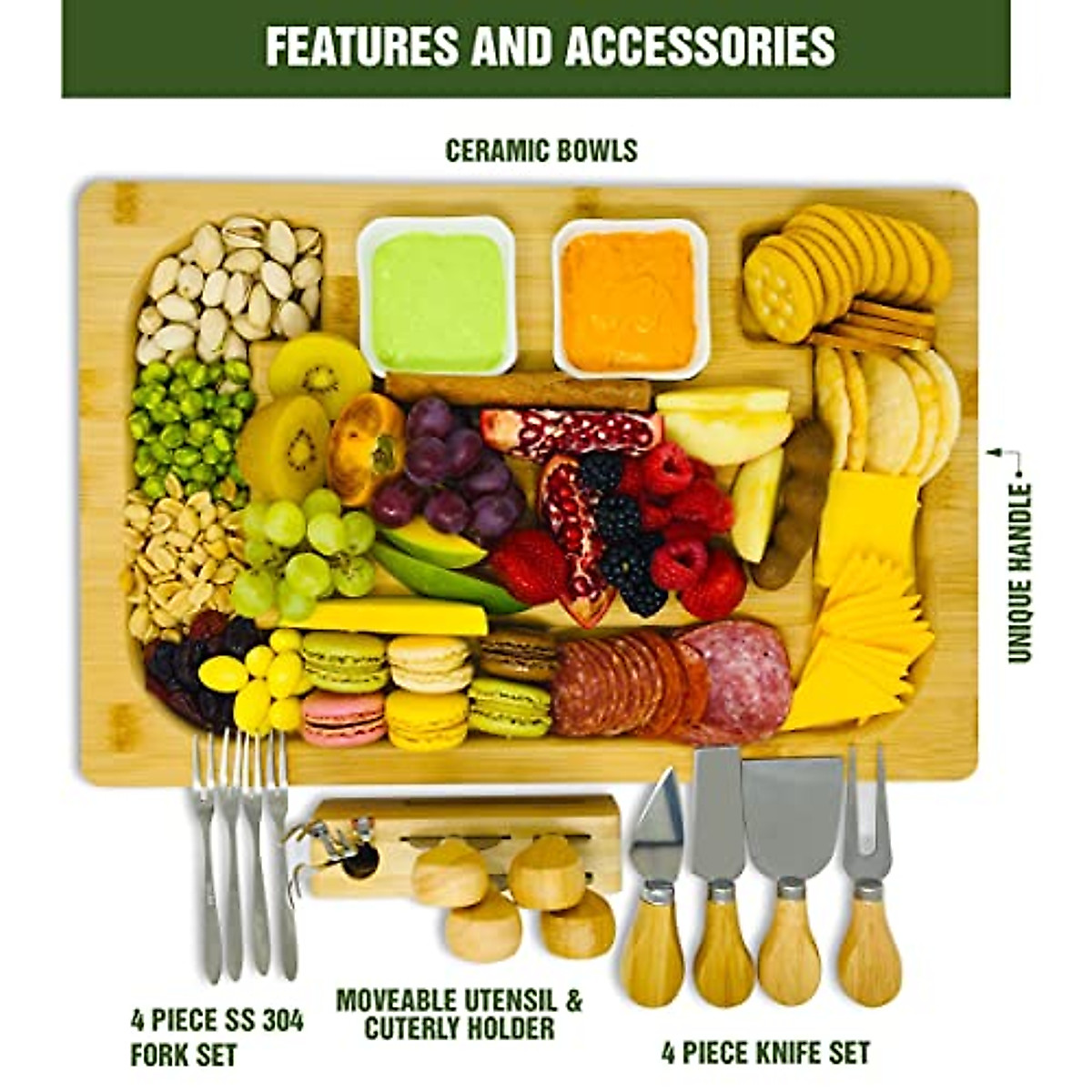 PandPal Charcuterie Cheese Board Set with Bonus Knives, Bowls, and Forks – Reversible Extra Large Bamboo Board & Serving Tray with Deep Grooves and Easy Handles