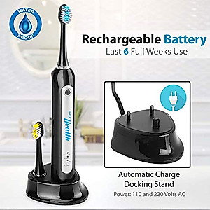 Pyle Health Ultra sonic Wave Rechargeable Electric Toothbrush with 3 brush modes, two minute timer, 2 Oral Brush Heads, Automatic Charging Dock Holder - For Kids, Teens, Adults - PHLTB41BK (Black)