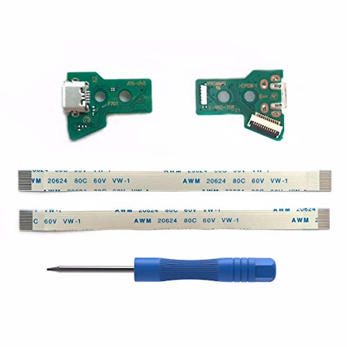 2PCs JDS-055 Replacement Charging Port Assembly for PS4 DualShock 4, Repair Part Micro USB Adaptor Charger Socket Board Connector Module for PlayStation DS4 Controller, Flex Cable, Tool Screwdriver