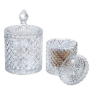 BTSKY Set of 2 Crystal Decorative Jars Glass Qtip Holder with Lids Clear Cotton Swab Holder Apothecary Jar for Bathroom Canisters Classy Candy Dish Decor Jewelry Box for Office Vanity, Large+Small