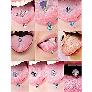 Prjndjw 14G Surgical Steel Tongue Rings for Women Men Teaser Double Barbell with Slave Ring Skull/Flower/Silicone Soft Spike Ball/CZ/Door Knocker/Pill Tongue Ring Piercing Jewelry 5/8inch Rainbow