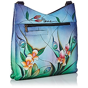 Anna by Anuschka Women's Genuine Leather Large V Top Multi-Compartment Cross Body | Hand Painted Original Artwork | Midnight Peacock