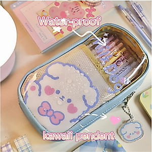 AONUOWE Kawaii Pencil Case Aesthetic Cute Clear Large Pencil Pouch School Supplies for Teen Girls (Blue Puppy)