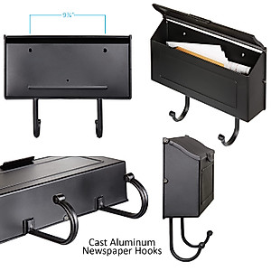 Cast Aluminum Metal Mailbox with Newspaper Hooks, Easy to Install Wall Mount, Heavy Duty, Rustproof Coated Paint, Horizontal Mail Box for House Porch - 16” x 4.25” x 8.25” (Swedish Silver)