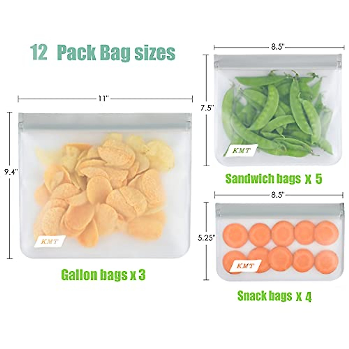 Large Reusable Food Storage Freezer Bags, Leakproof Flat Reusable Sandwich & Snack Freezer Bags, 12 Pack Gallon Food Storage Freezer Bags for Fruits, Veggies, Lunch, Meats, Cereals, Soup & Sauce Storage