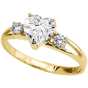 10k Yellow Gold Heart Shape Cubic Zirconia & White Topaz Split Shank Three Stone Ring - Size 4