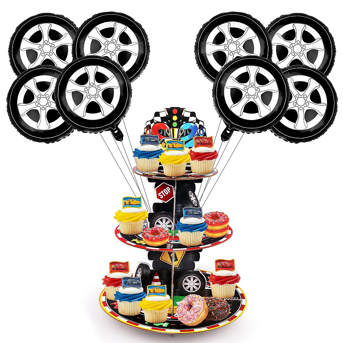 Waenerec Race Car Birthday Party Supplies 8PCS Tire Balloons & 3 Tier Cupcake Stand Food Display Dessert Holders Tower for Kids Classic Car Party Decorations