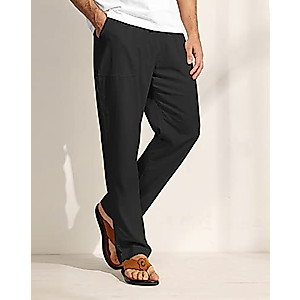 Ficerd 2 Pcs Men's Drawstring Linen Pants Men Casual Beach Trousers with Pocket Lightweight Elastic Yoga Pant (Black, Khaki, Small)
