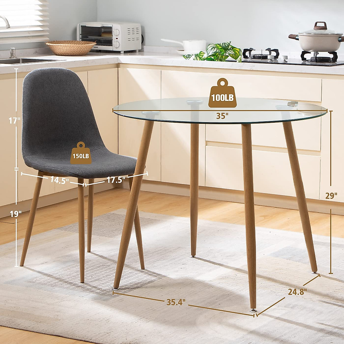 STYLIFING Dining Table Set Modern 5 Pieces Dining Room Set Mid Century Round Tempered Glass Kitchen Table and 4 Deep Grey Modern Fabric Chairs with Metal Legs