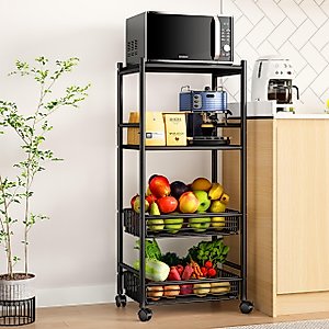 Kitchen Microwave Stand Shelf - 4 Tiers Metal Bakers Rack with Casters, Coffee Bar Station with Storage, Black