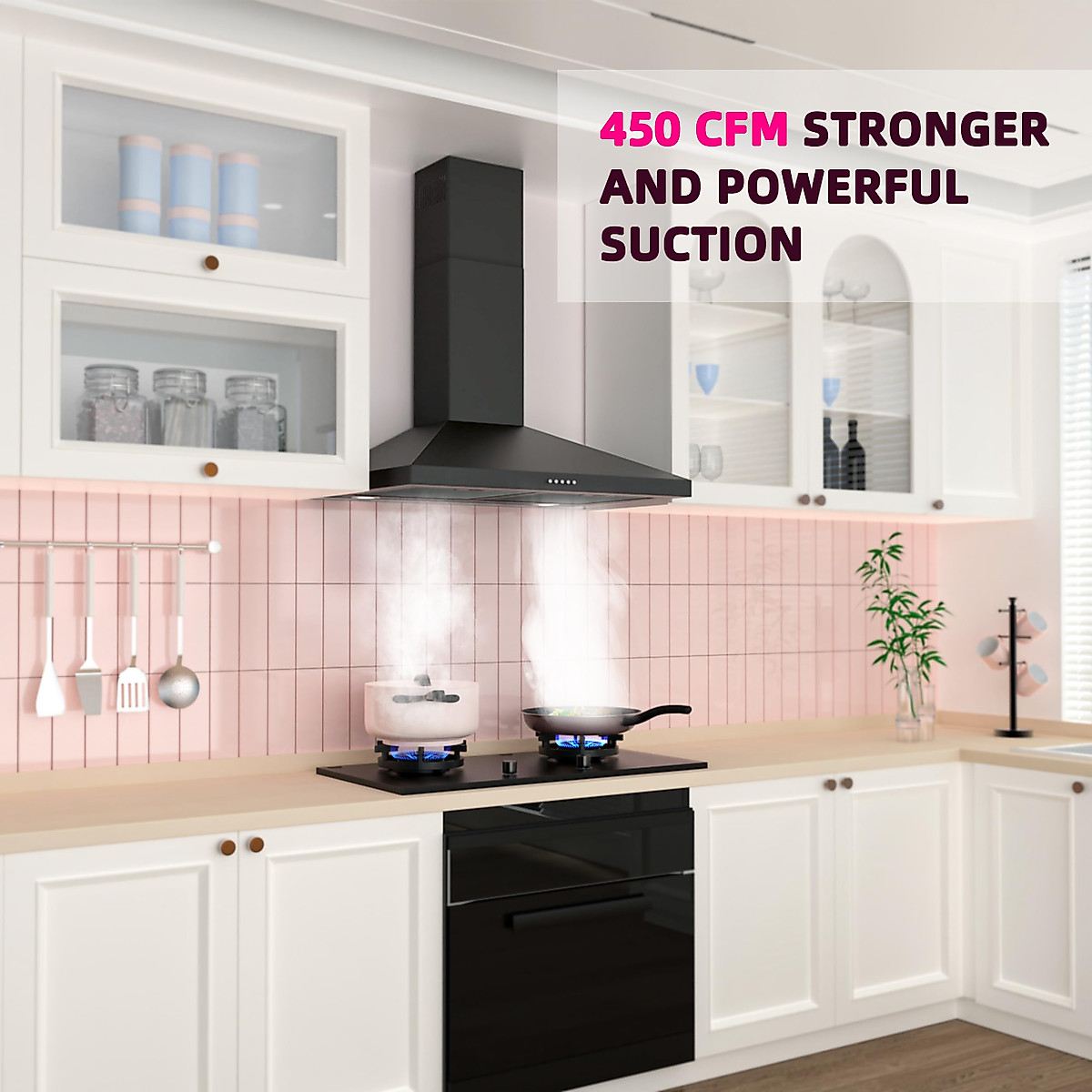 FIREGAS Black Range Hood 30 Inch, Wall Mount Kitchen Hood Ducted/Ductless Convertible, 450 CFM, 3-Speed Exhaust Fan, Stainless Steel Stove Vent for Kitchen with LED Lights, Charcoal Filters